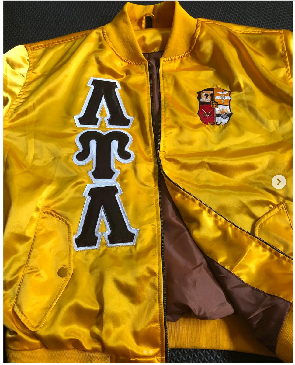 LAMBDA UPSILON LAMBDA - GOLD SATIN BOMBER – graffitigreek